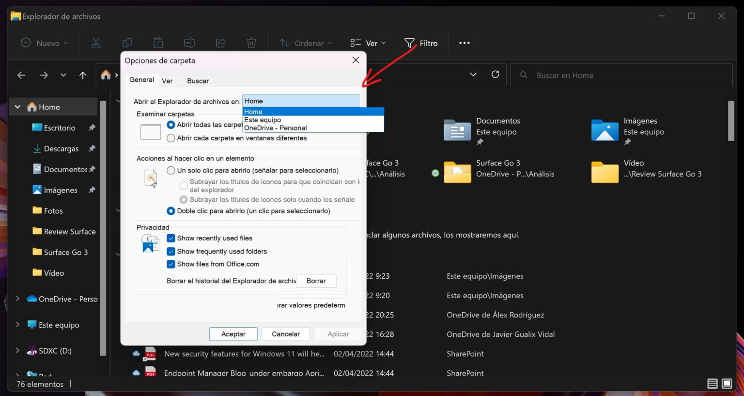 Cambia ubicación por defecto del Explorador de Archivos de Windows 11